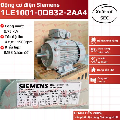 Động cơ điện Siemens 1LE1001-0DB32-2AA4. Công suất 0.75kW - 4 cực. Kiểu lắp IMB3 (chân đế). Xuất ...
