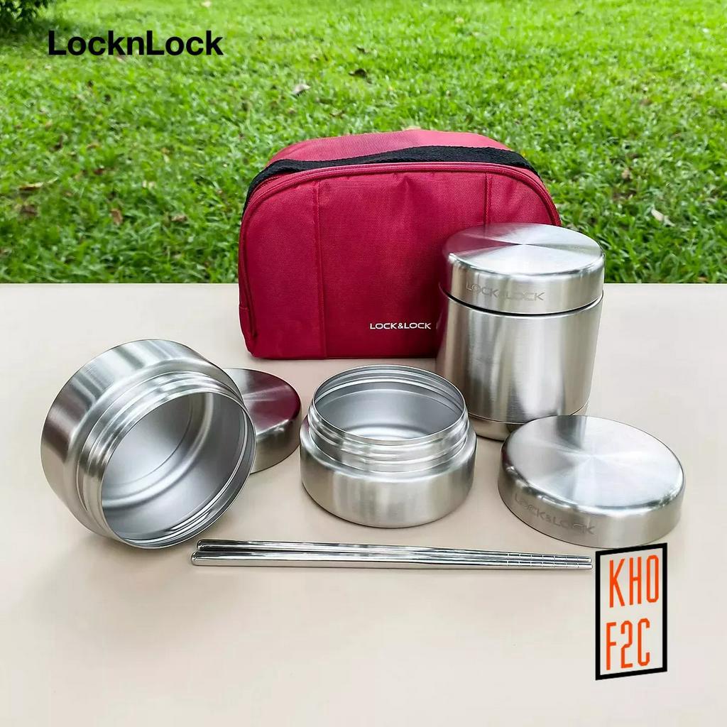 [LocknLock] Bộ Hộp Cơm Giữ Nhiệt Inox 304 Chính Hãng LHC8015 (350ml, 280ml, 280ml) Túi Đỏ ...