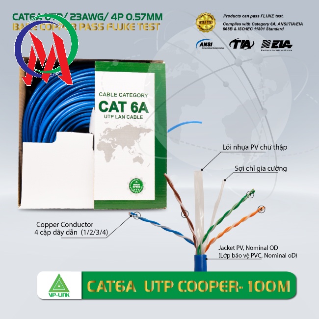 CÁP MẠNG 100M CAT 6A UTP VSP CAT6A , LÕI CHỮ THẬP , DÂY CÁP XANH , TỐC ...