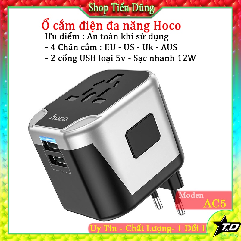 Ổ cắm du lịch đa năng Hoco AC5 có 2 cổng USB 12w và 4 loại chân cắm US ...