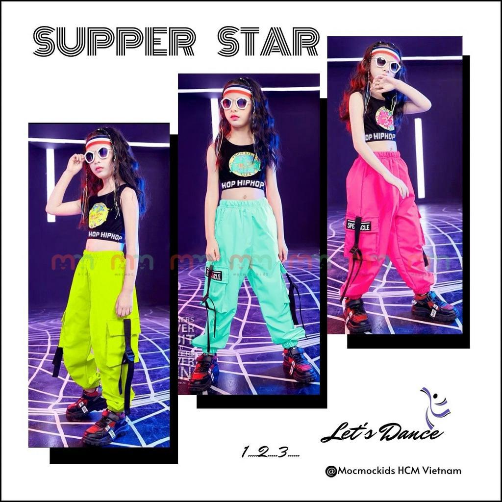 Đồ nhảy hiphop cho bé gái áo croptop sát nách bo eo, quần Dù túi hộp thể thao cao cấp cho bé ...
