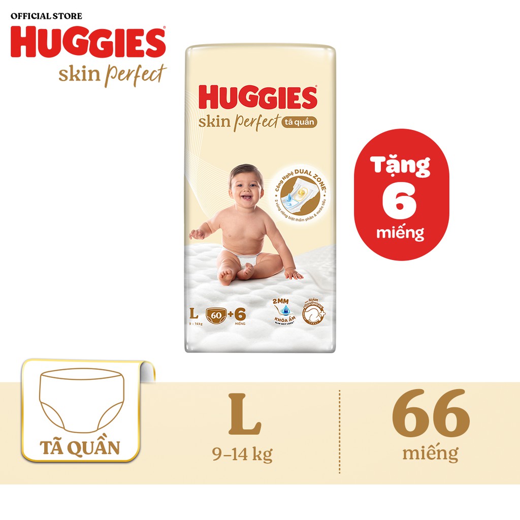 Tã quần Huggies Skin Perfect Super Jumbo M70+6/ L60+6/ XL52+6/ XXL48+6 với 2 vùng thấm giảm kích ...