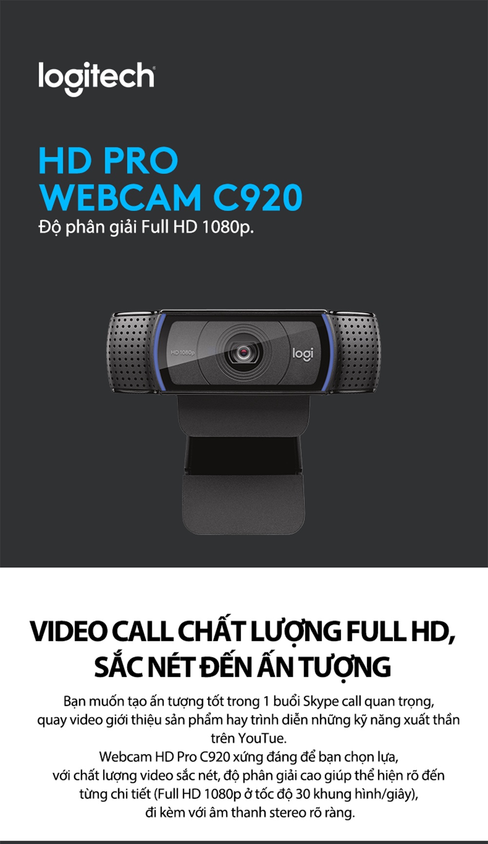 Webcam Logitech C920 Pro Full HD 1080p 30FPS - mic kép to rõ, tự động ...