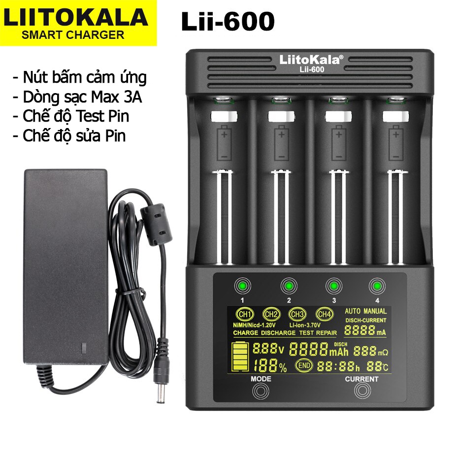 Bộ sạc và test pin Liitokala Lii-600 đa năng cho Pin NiMH Lithium 18650 ...