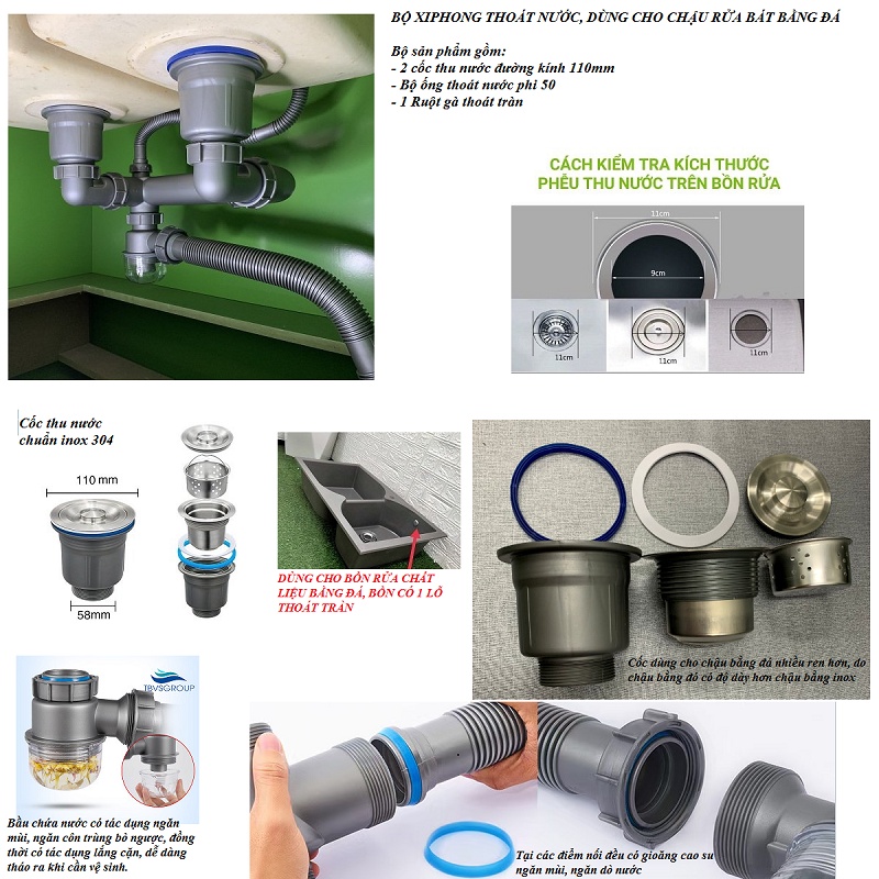 xiphong chậu rửa bát 2 hố bằng đá [LOẠI 1] ỐNG THOÁT SIÊU TO,cốc thu ...