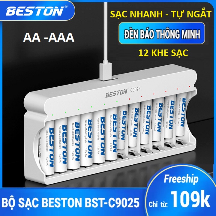 Bộ Sạc nhanh Tự ngắt 12 khe pin Beston C9025 AA AAA , đèn LED báo thông ...