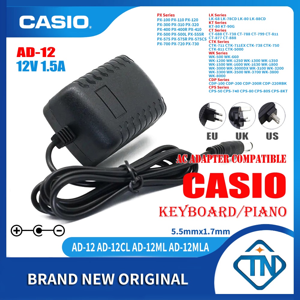 Bộ chuyển đổi AC/DC 12V 1.5A AD-12 AD-12ML cho Casio WK-500 WK-660 WK ...