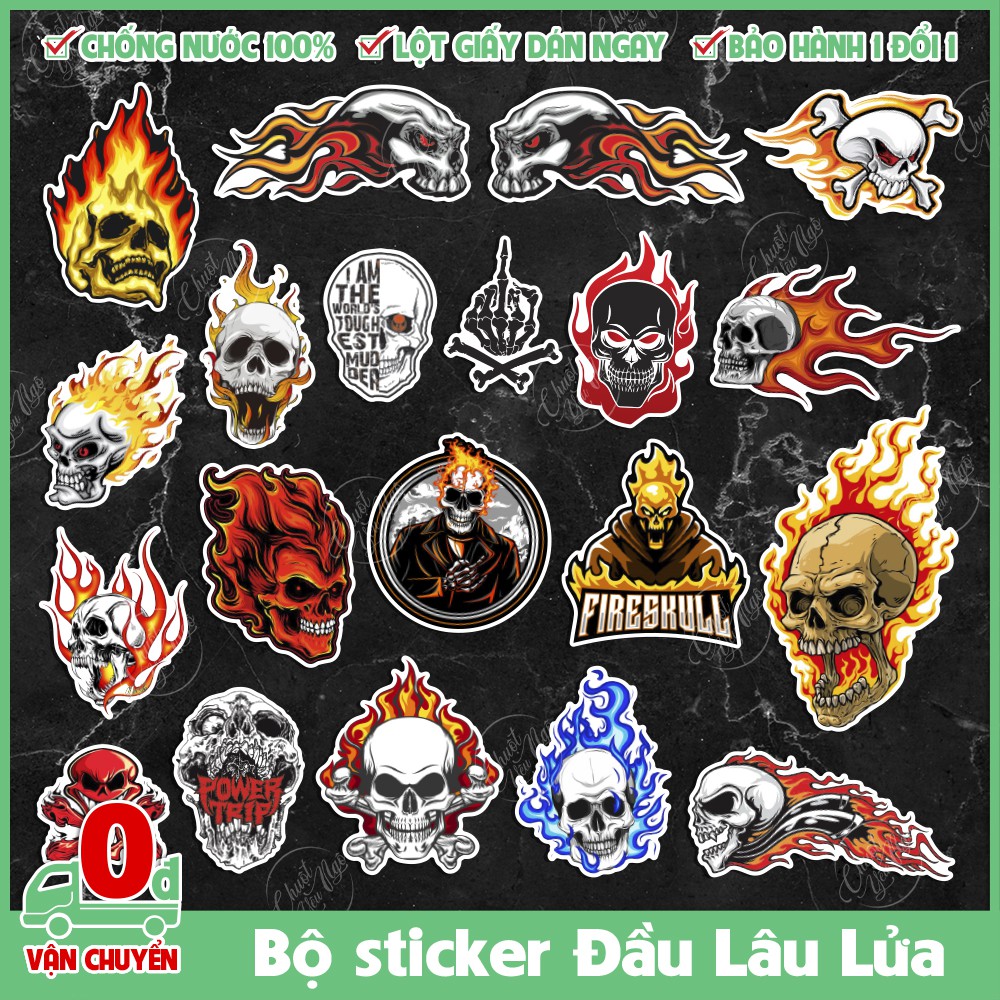 Bộ 20 sticker chủ đề ĐẦU LÂU LỬA chất lượng cao dán xe, laptop, vali ...