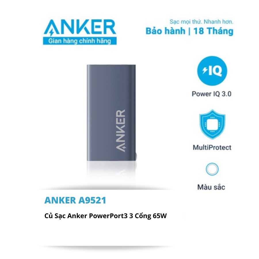 Củ Sạc Anker PowerPort3 3 Cổng 65W A9521 | Shopee Việt Nam
