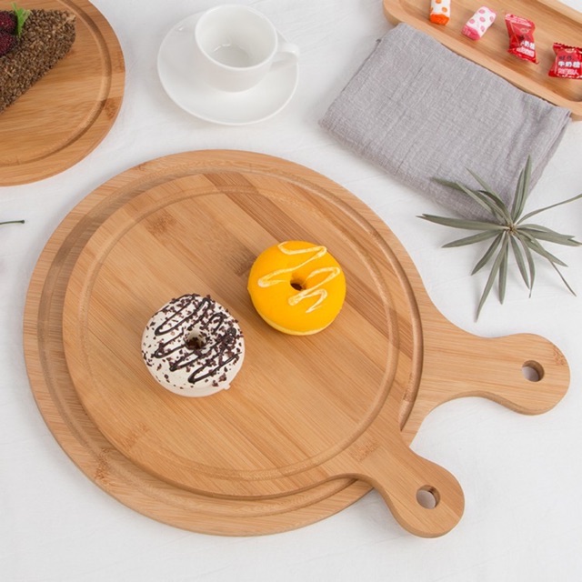 Khay pizza gỗ tre, khay tròn tay cầm decor trà, bánh sang trọng ...