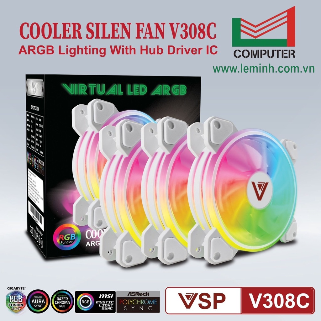 Quạt Tản Nhiệt Thùng Máy Vi Tính ( Fan Case) Bộ kit 3 Fan Led RGB Hub VSP V308C (Màu trắng ...
