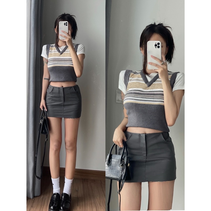 [ HÌNH THẬT ] Áo len gile - Chân váy mini xám | Shopee Việt Nam