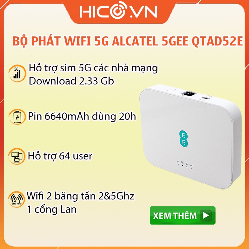 Bộ Phát Wifi Cầm Tay 4G 5G Alcatel 5GEE QTAD52E Tốc Độ 2.33Gb Pin 6460Mah, Băng Tần Kép Kèm cổng ...