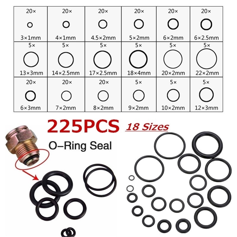 Set 225 Vòng Đệm Cao Su Đen 18 Kích Cỡ Chống Mòn Kèm Hộp Đựng Không Có