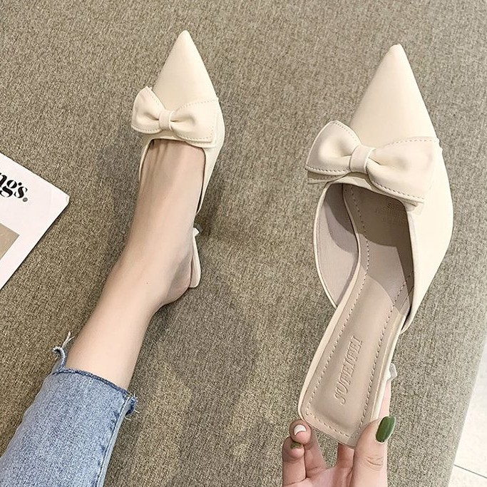 [ORDER] Sục trơn mũi nhọn đính nơ gót 6p - MS74 | Shopee Việt Nam