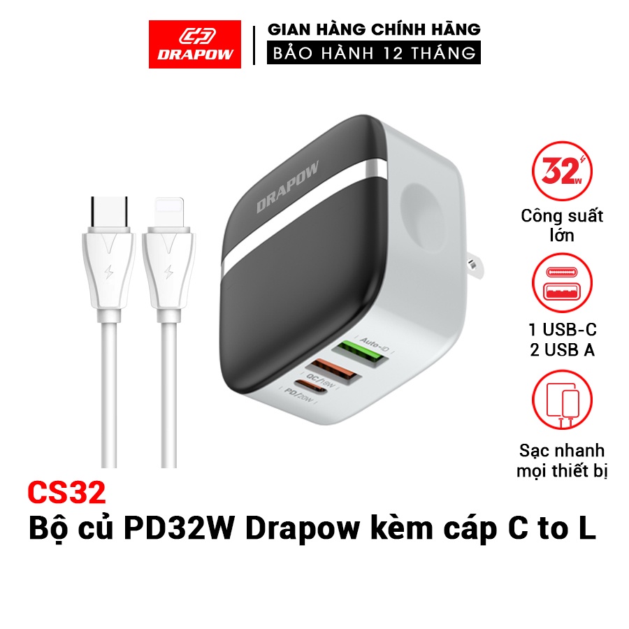 Bộ củ sạc nhanh 32W - 3 cổng sạc kèm cáp C to L CS32 DRAPOW có cổng USB ...