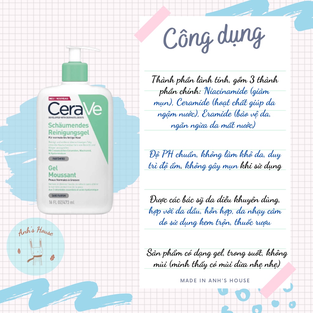 (Bill Pharmacy - 473ml) Sữa rửa mặt Cerave foaming facial cleanser cho ...