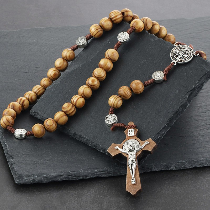 Religious Catholic Jesus Cross Pendant Wooden Beaded Chains Rosary ...