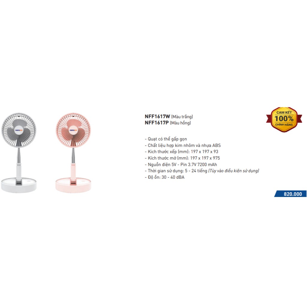 Quạt sạc điện gấp gọn Nanoco - NFF1617W, NFF1617P - MÀU TRẮNG, HỒNG ...