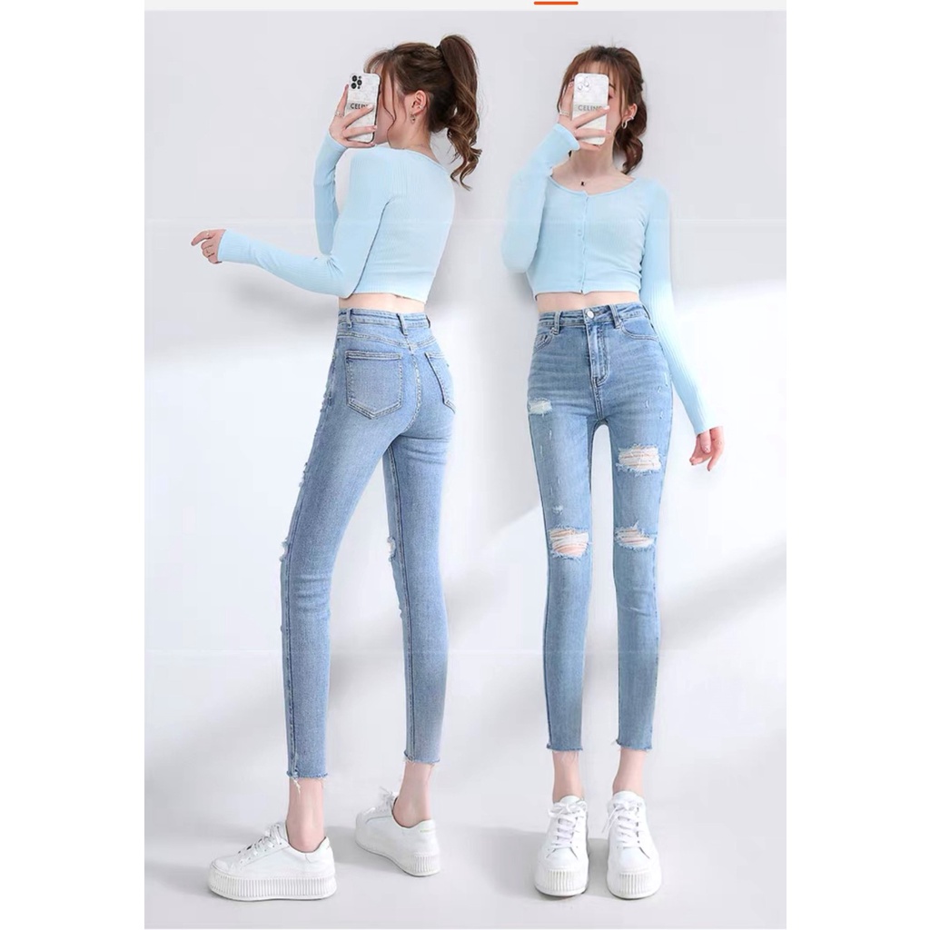 Quần jean nữ Big Size 9 tấc rách xanh nhạt rách nhiều dành cho người ...