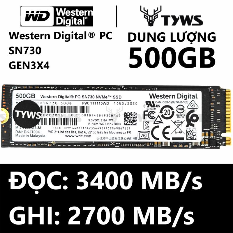 Ổ Cứng SSD M.2 NVMe 500GB PC SN730 Western Digital Gen 3×4 - Bảo hành 1 đổi 1 SN730500GB ...