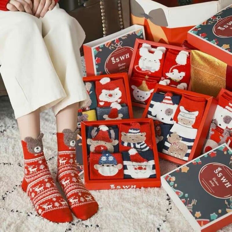 Vớ/ tất giáng sinh noel len dày dặn xinh xắn, hộp 4c quà tặng decor ...