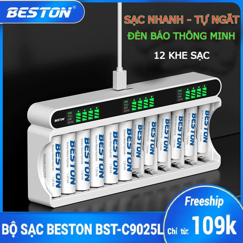 Bộ Sạc pin Beston C9025L 12 cổng (khe) AA AAA , mẫu mới 2022 Sạc nhanh ...