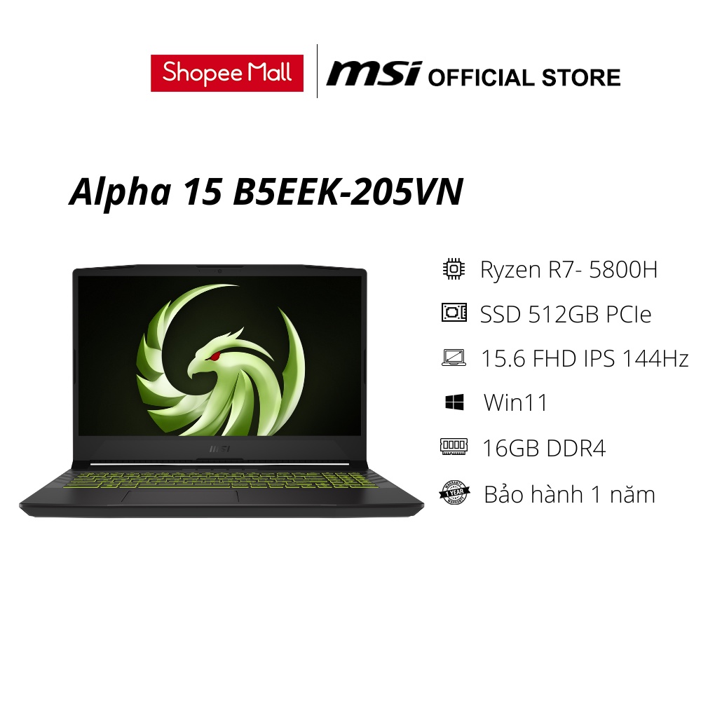 Laptop MSI Gaming Alpha 15 B5EEK-205VN (RyzenR7- 5800H/16GB DDR4/SSD 512GB PCleVGA RX6600M 8GB ...