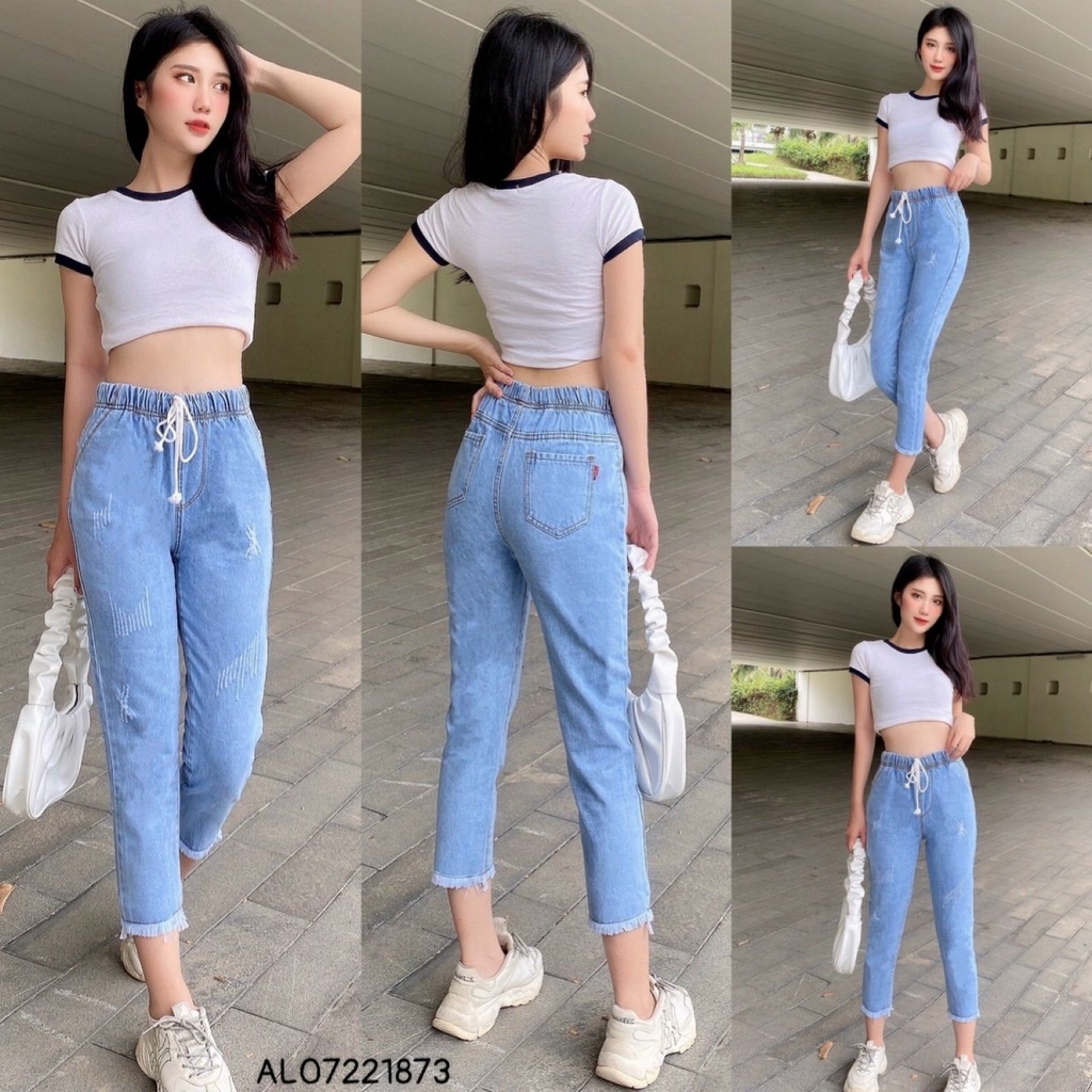 Quần Baggy Jean Nữ Lưng Thun Cào Xước Dáng Suông Tua Lai | Shopee Việt Nam