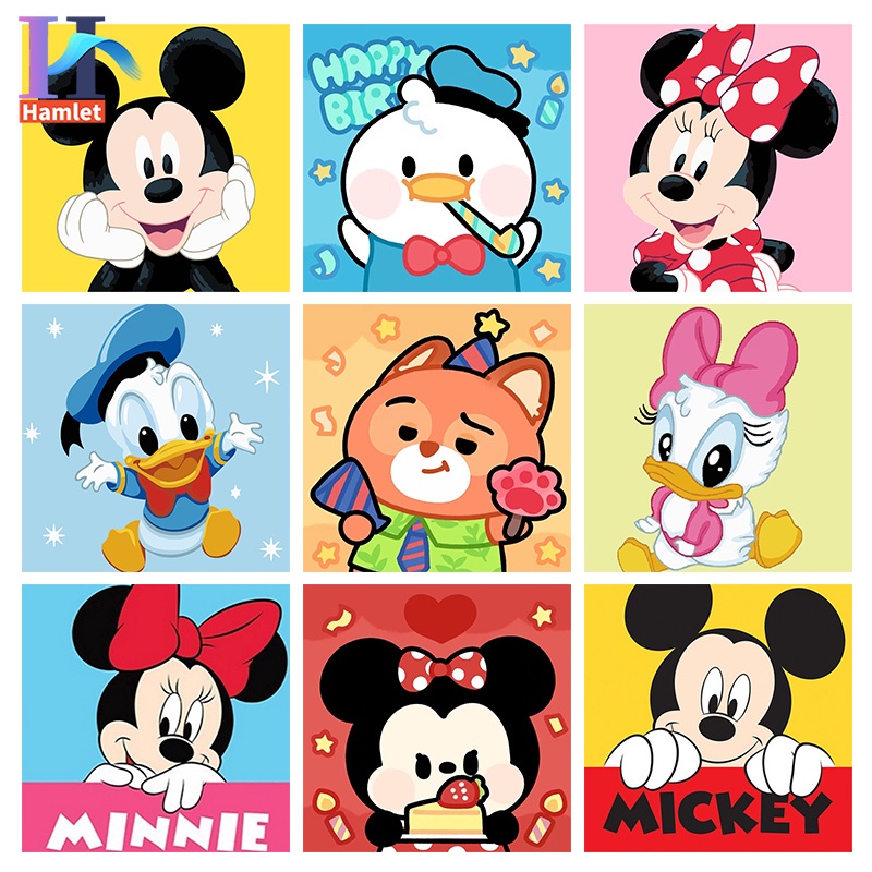 Bộ tranh sơn dầu Hamlet tô màu theo số hình chuột Mickey vịt Donald ...