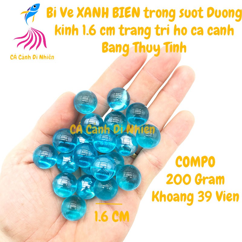 Viên bi ve XANH BIỂN TRONG SUỐT 200 gram (39 viên) size 1.6 cm trang ...