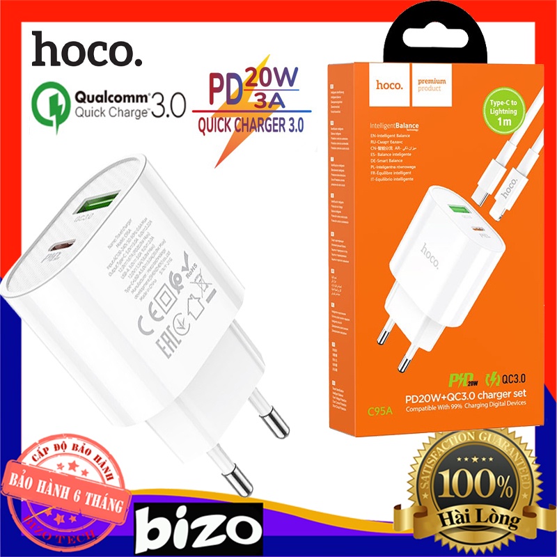 ⚡HOCO⚡ Bộ sạc nhanh 2 cổng Hoco C95A chân C PD20W + USB QC3.0 đầu ra 18W + cáp sạc C to IP củ ...
