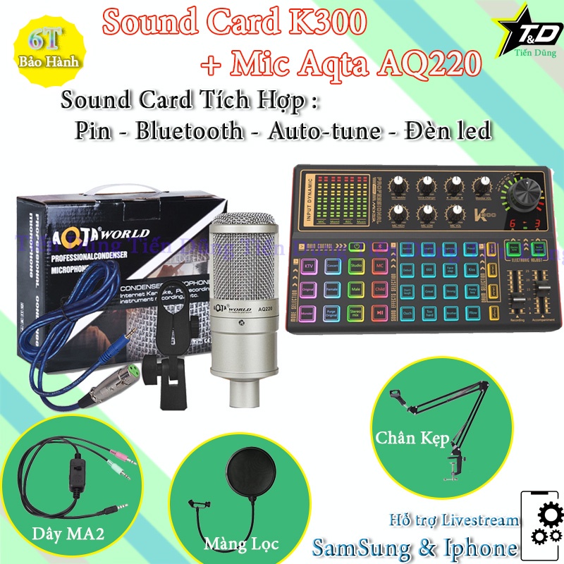 Bộ Mic Thu Âm Aqta AQ220 và Sound Card k300 có Bluetooth tích hợp pin ...
