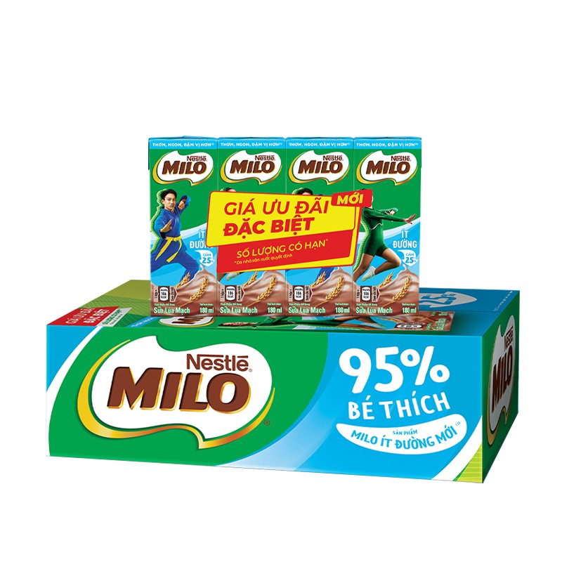 Thùng 48 hộp sữa lúa mạch Nestlé MILO ít đường x 180ml (12x4x180ml ...