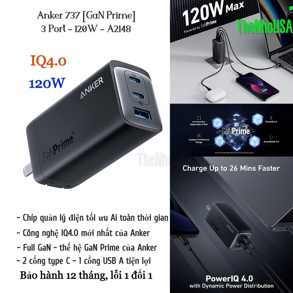 Củ sạc nhanh Anker 737 Charger 2C1A GaN Prime IQ4.0 - 120W - A2148 [BH12T] | Shopee Việt Nam