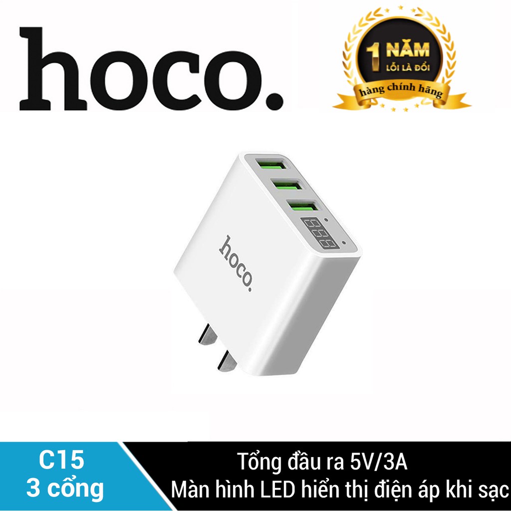 Cốc sạc Hoco C15 3 cổng sạc nhanh 3.0A có đèn Led báo sạc thông minh ...