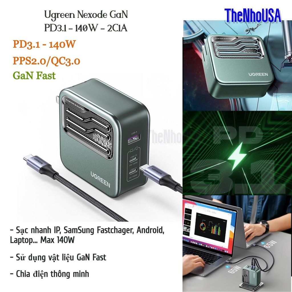 Củ sạc nhanh Ugreen Nexode GaN Fast - PD3.1 - 140w [2 Type C+1 Type A] PD3.1/PPS2.0/QC3.0/FCP ...