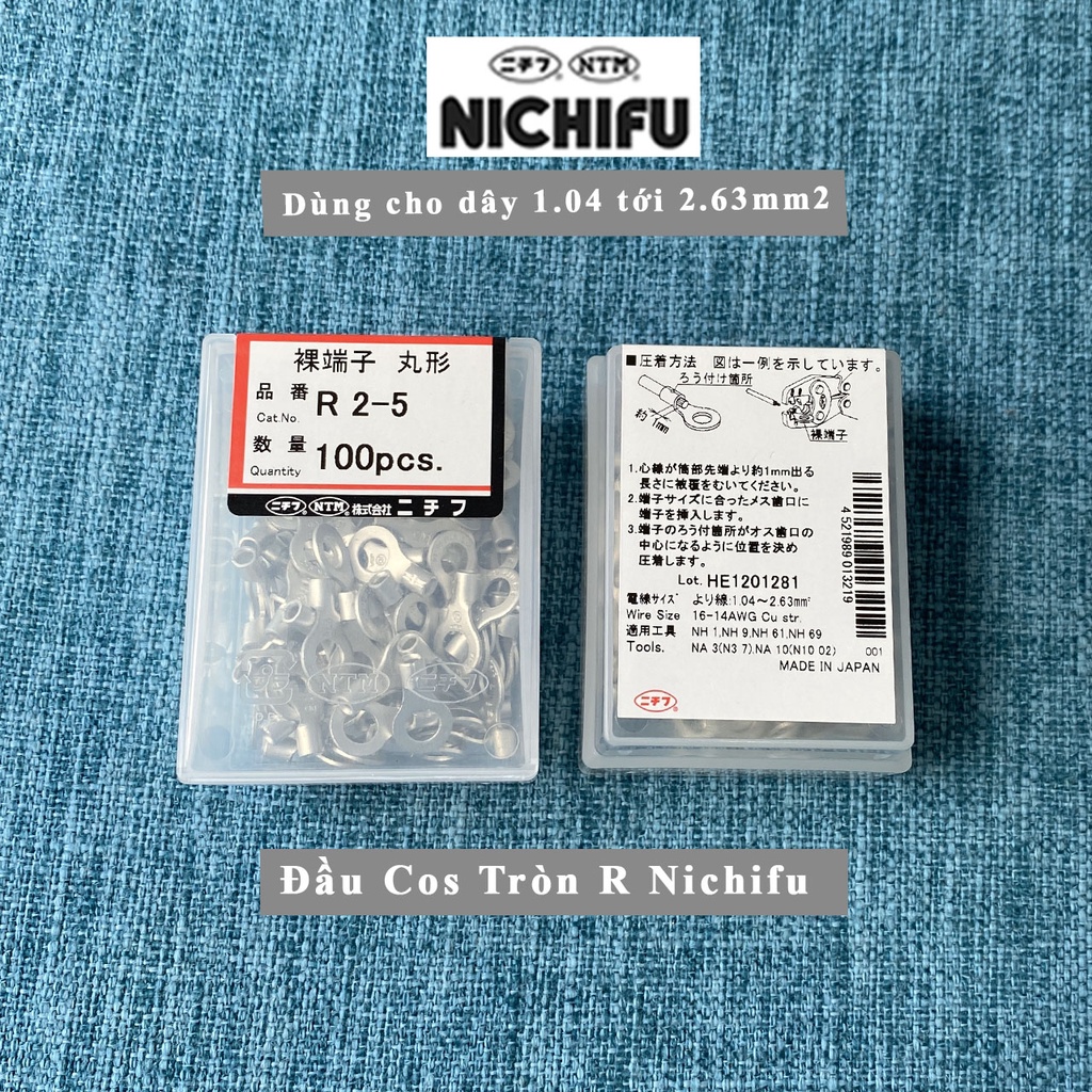 Đầu cosse Nichifu cho dây 1.04~2.63mm2 cos tròn R2, chỉa 2Y, kim dẹt ...