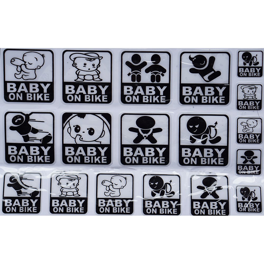 Bộ 18 Decal Baby On Bike (hình vuông- màu trắng đen) | Shopee Việt Nam