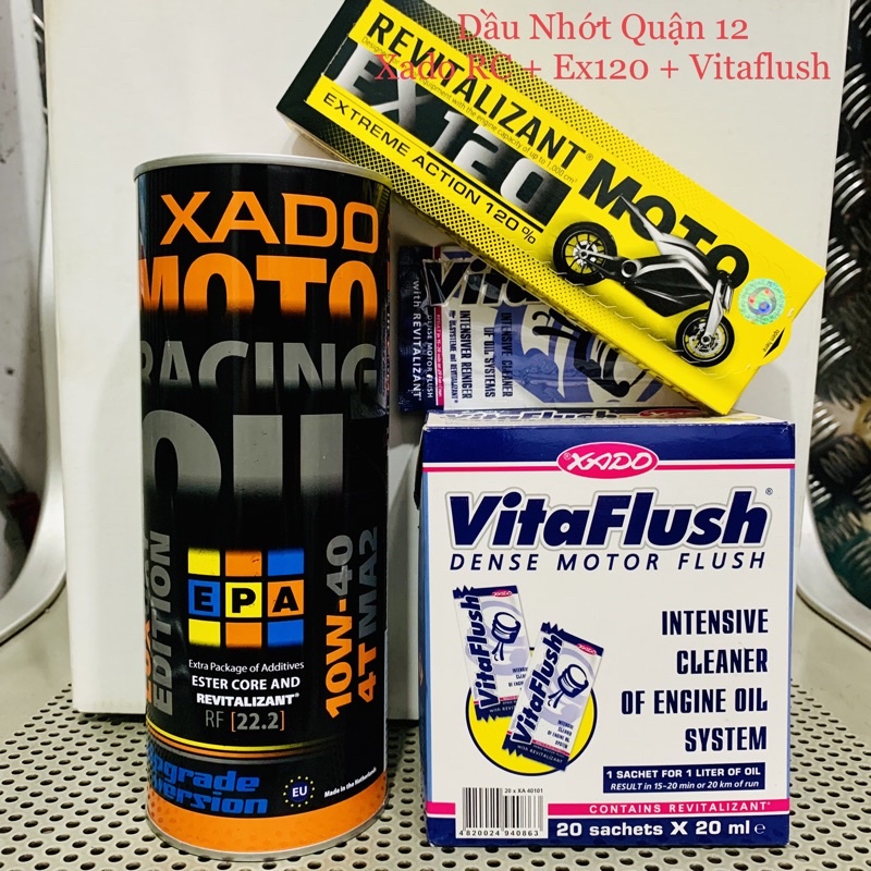 Combo Nhớt XADO MOTO RACING OIL 10W-40 + XADO EX120 + XADO VITAFLUSH ...