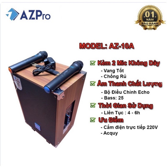 Loa Kéo Bluetooth AZPro AZ-10A Bass 2.5 tấc Kèm 2 Mic Không Dây Chống ...