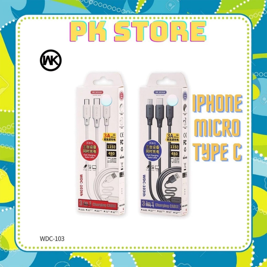 Cáp sạc 3 đầu WK WDC-103 3A USB micro type C Cho tablet táo Pin Dự Phòng Tai nghe Bluetooth Tai ...
