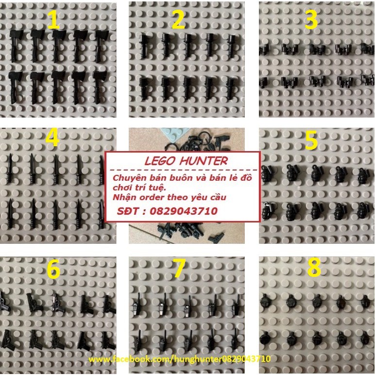 Lego Minifigures Phụ kiện Army SWAT vũ khí các loại : Rìu , lưỡi lê ...