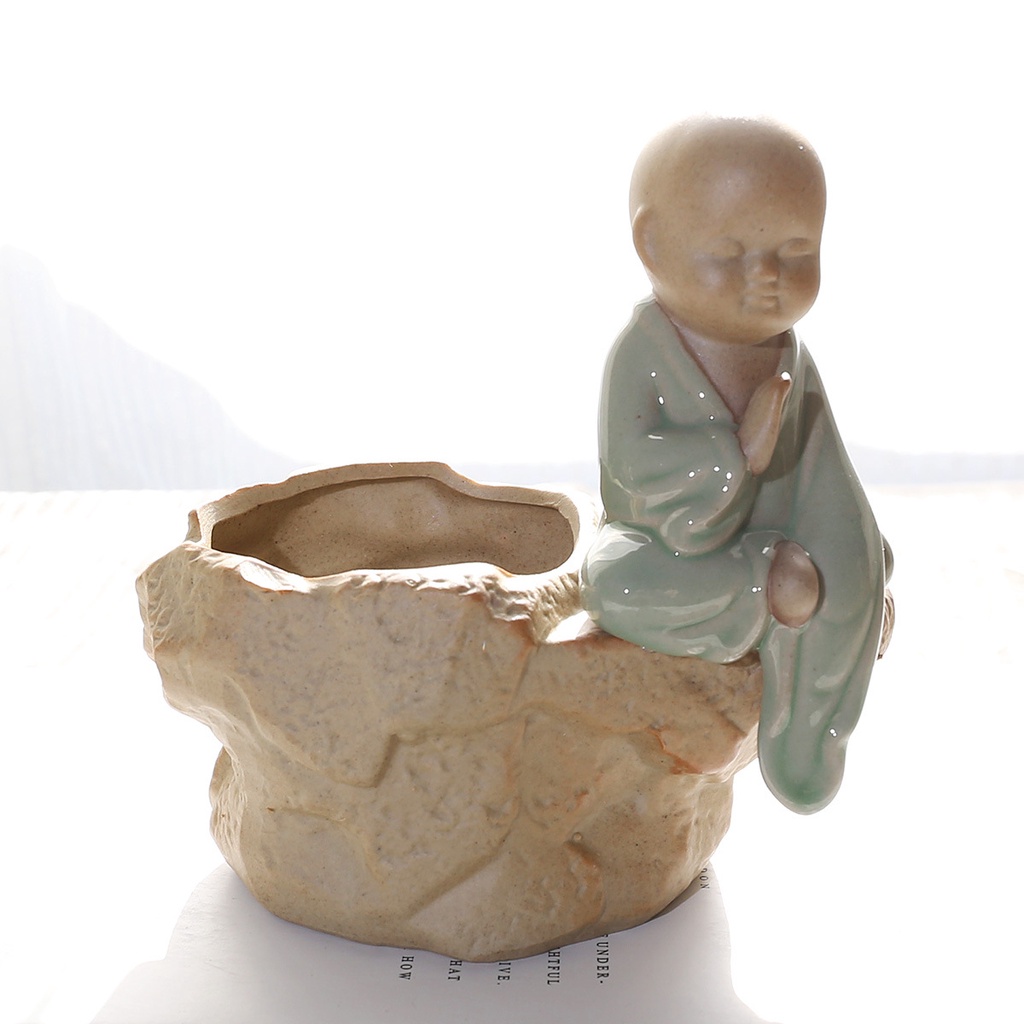 Chậu sứ trồng cây để bàn kèm tượng phật bình an , kíck thước 16 x 16 cm ...