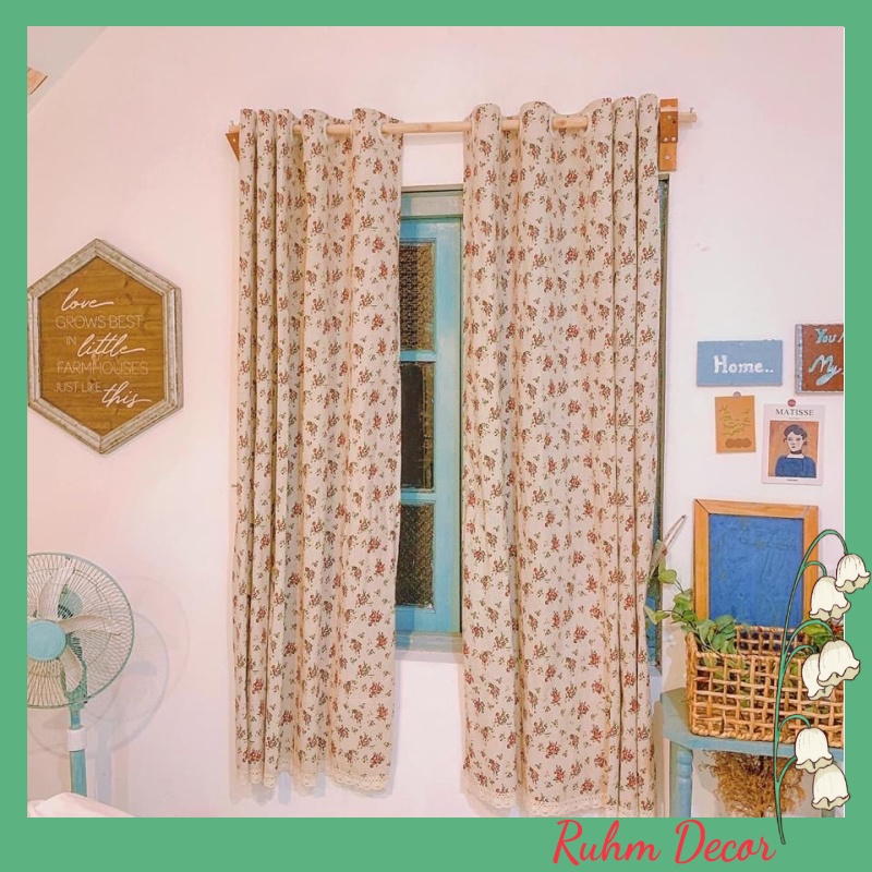 Rèm cửa sổ trang trí vải bố linen đẹp dán tường treo thanh linh hoạt - họa tiết Hoa hồng tím lá ...