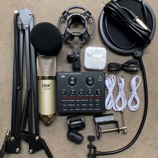 Combo Bộ Thu Âm Mic isk AT350-Sound card v8 kèm phụ kiện chân kẹp màng lọc và tai phone bảo hành ...