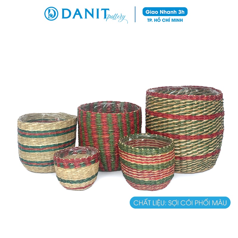 Giỏ cói trồng cây phối màu xen kẽ dáng bo đáy | Giỏ cói decor | Giỏ ...