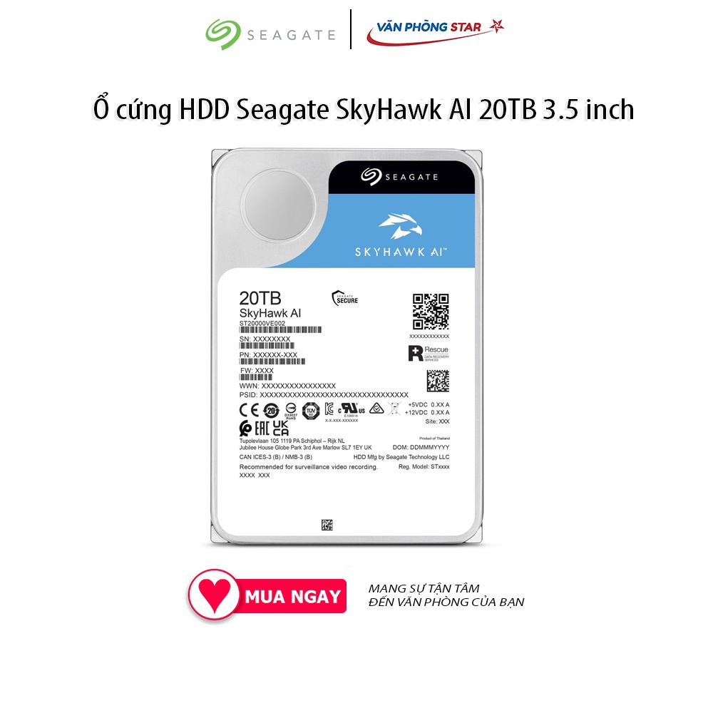 Ổ cứng HDD Seagate SkyHawk AI 20TB 3.5 inch, 7200RPM, SATA3, 256MB ...