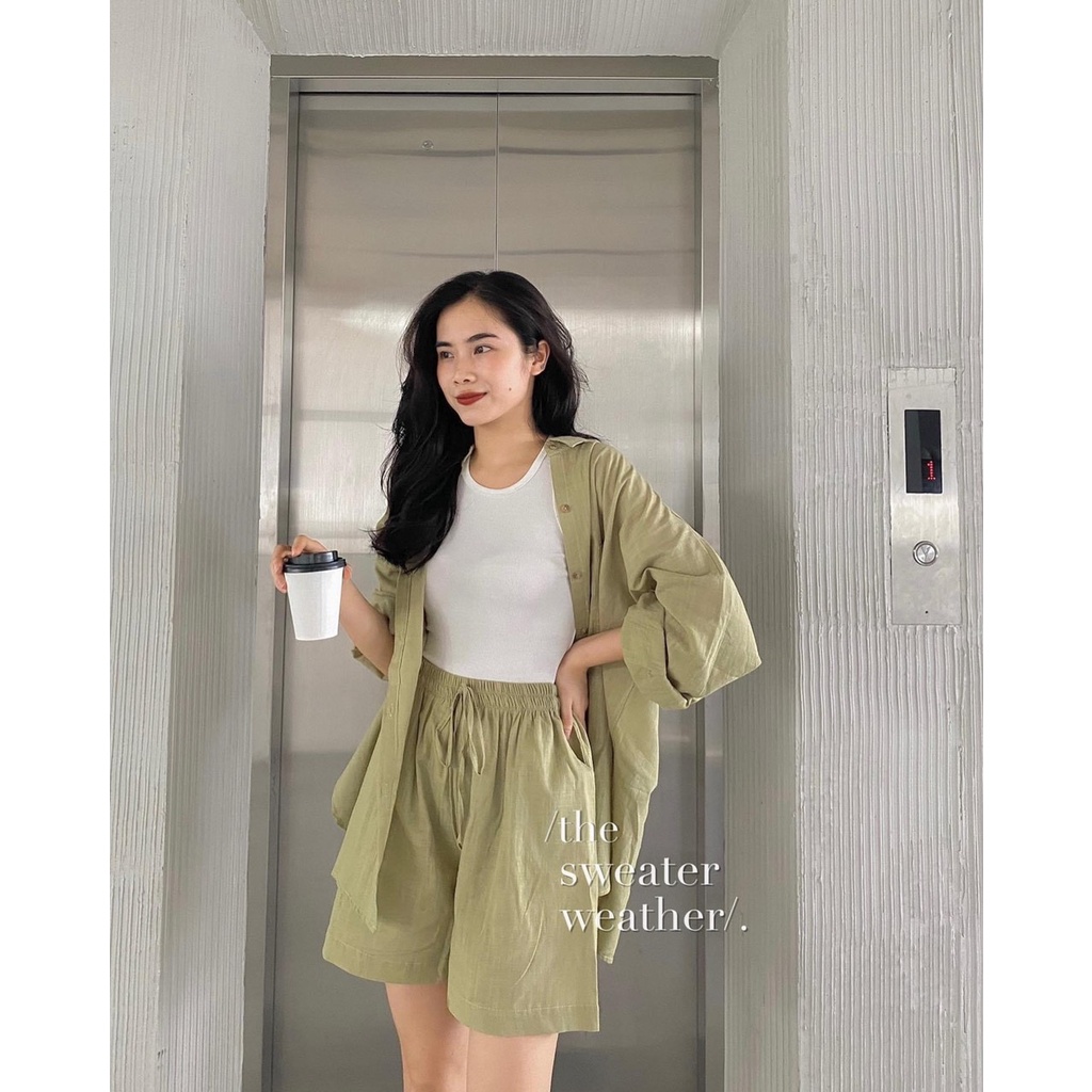 [XẢ HÀNG] Set bộ nữ S.082, Set áo sơ mi basic oversize và quần short cạp chun năng động - Thời ...