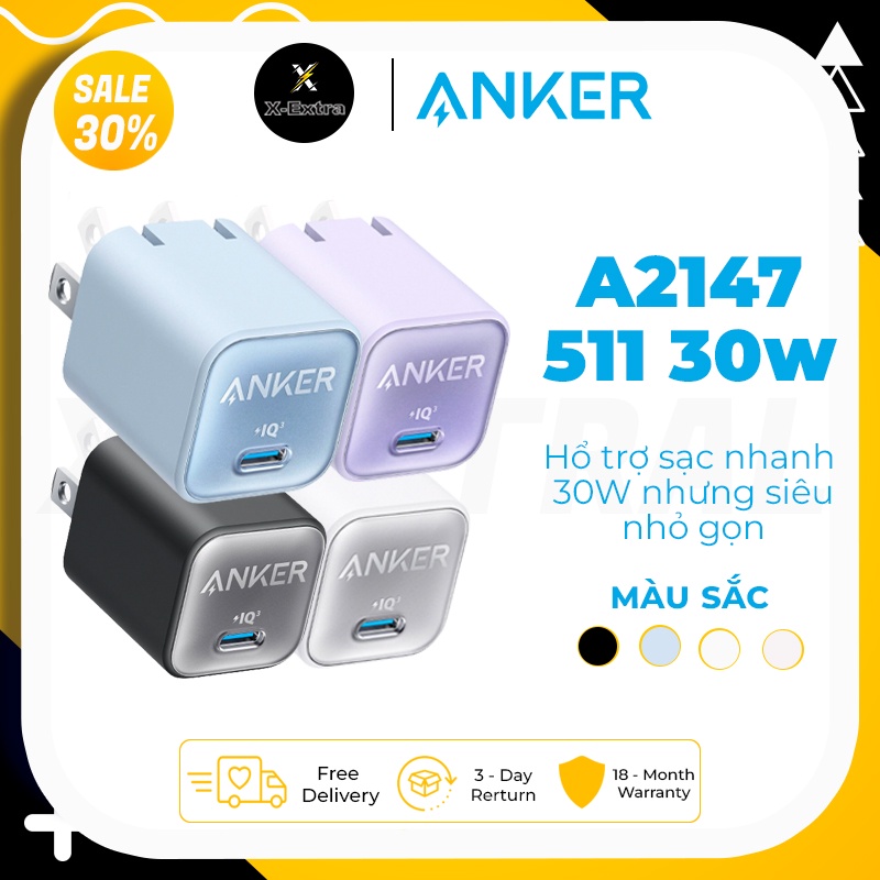 Củ sạc nhanh Anker A2147 511 30W Nano 3 USB C GaN Pro củ sạc sạc nhanh PPS có thể gập lại PIQ 3. ...
